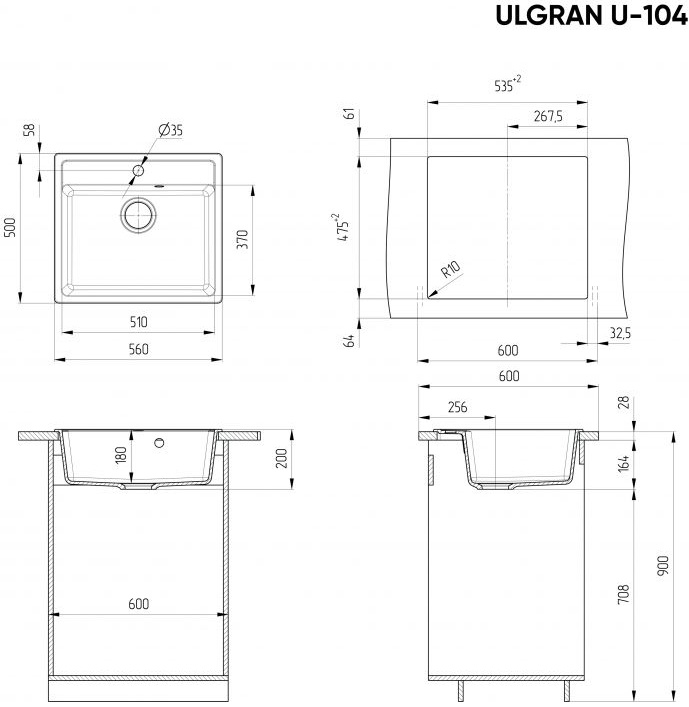 Кухонная мойка из искусственного камня Ulgran U-104-309, темно-серый — купить по низкой цене в ...