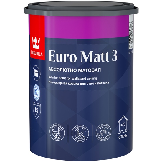 Краска интерьерная Euro Matt-3 (Евро-3) TIKKURILA 0,9л белый (база А ...