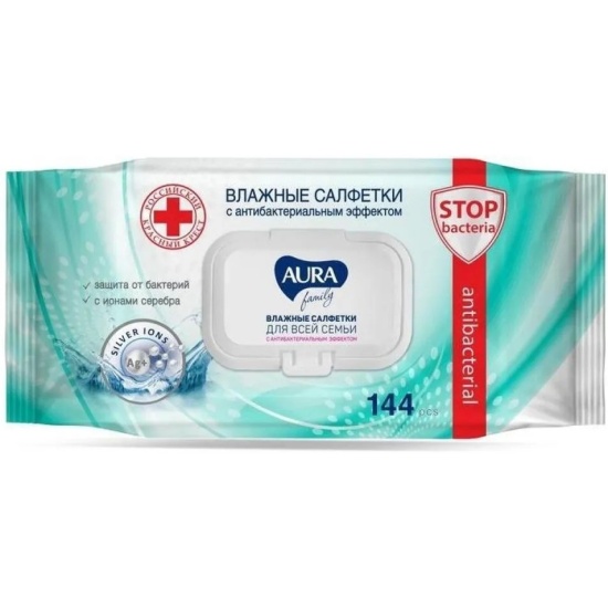 Влажные салфетки AURA Family антибактериальные, big-pack с крышкой, 144 ...
